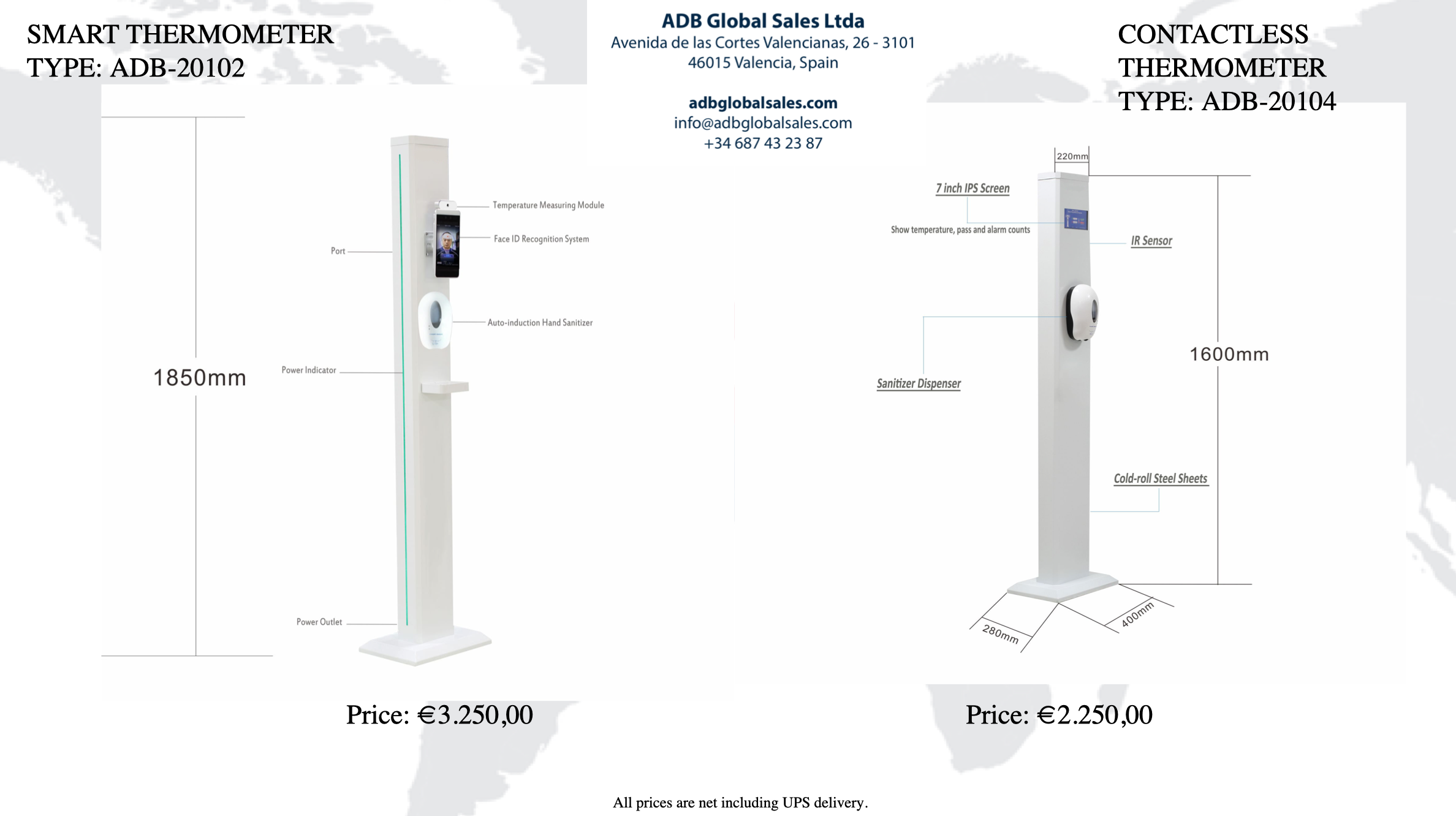 Standalone Contactless Thermometer with sanitizer dispenser | ADB Global